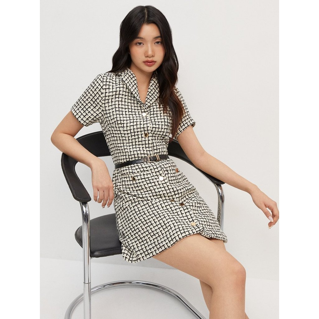 [Pomelo] เดรสผ้าทวีดแขนสั้น / Tweed Short Sleeve Button Mini Dress ...