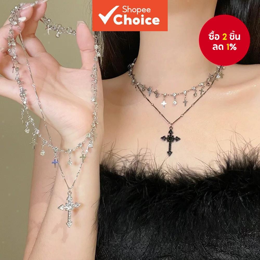 Gothic Cross จี้สร้อยคอผู้หญิง Edgy เพชร Layering Collarbone Chain ...