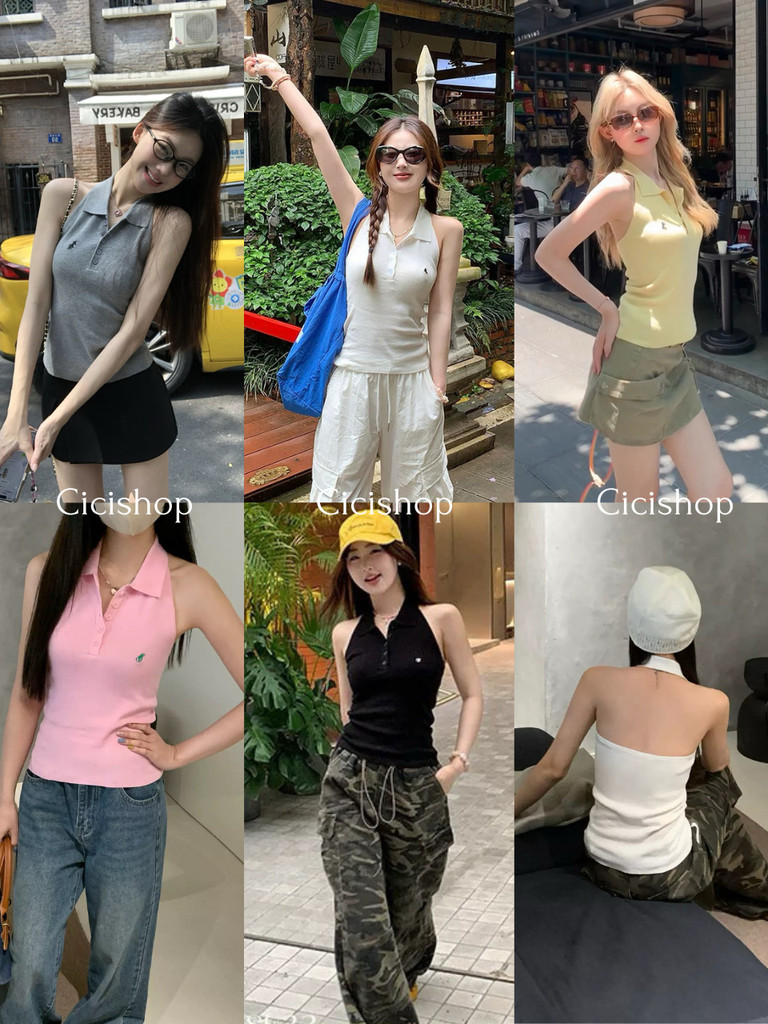 Cicishop(A2866) เสื้อไหมพรมโปโล คล้องคอ ดีเทลกระดุมหน้า โชว์หลังเล็ก ...