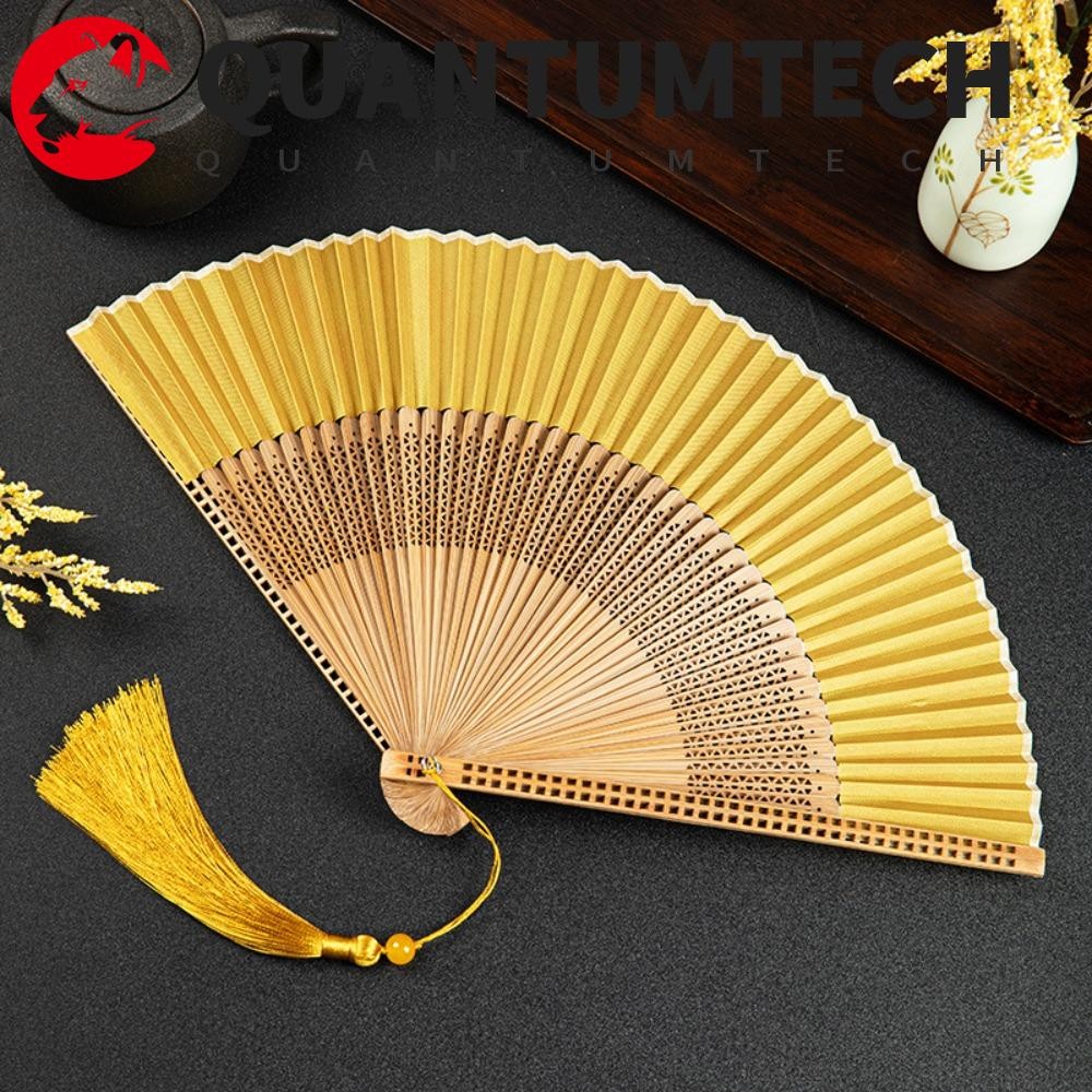 QUANTUMTECH พัดลมพับจีน,พร้อมพู่ Handhold แกะสลักพัดลมพับไม้ไผ่,แบบพกพา Hollow Handle Retro ...