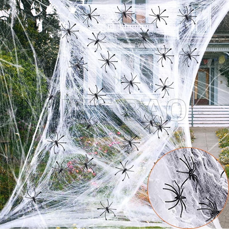 100g/400 sqft Spider Webs ตกแต่งฮาโลวีน 20 แมงมุมปลอม, Super Stretch ...