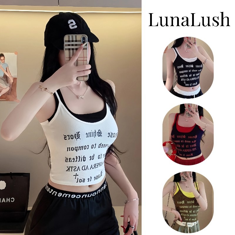 LunaLush สายเดี่ยว สายเดี่ยว ดีเทลแต้งสกีนตัวอักษร แต่ง2ชั้น สไตล์เท่ๆ เสริมฟองน้ำ "FY5575 ...
