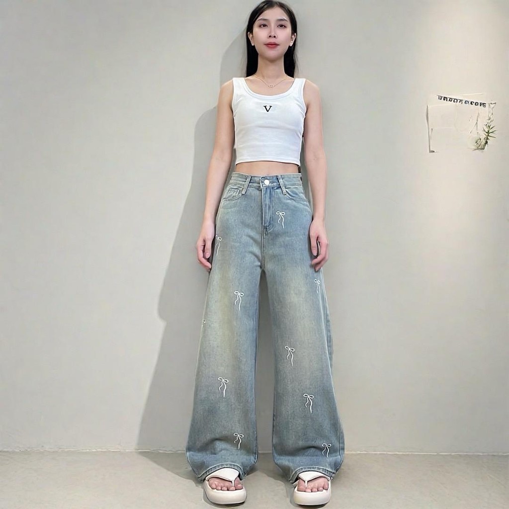 NAMCHA กางเกงยีนส์กระบอกกลางเอวสูง ปักโบว์ สีนัวเทา 2648 | Shopee Thailand