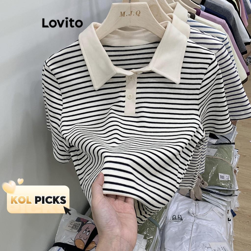(KOL‘s pick) Lovito เสื้อยืดผู้หญิง สไตล์ลำลอง ลายทาง คัลเลอร์บล็อก ...