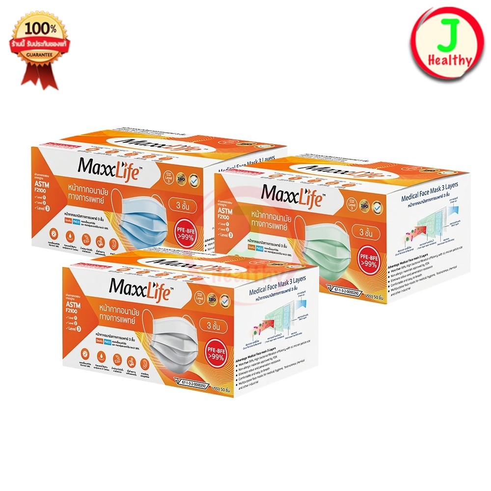 Maxxlife Mask หน้ากากอนามัย ทางการแพทย์ 3 ชั้น (1 กล่อง 50 ชิ้น ...