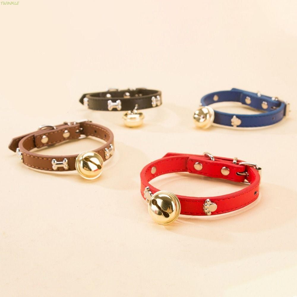 TWINKLE Cat Paw พิมพ์ Bell Collar,ปรับ PU คอแหวน,สุนัข Gold Bell Chain ...