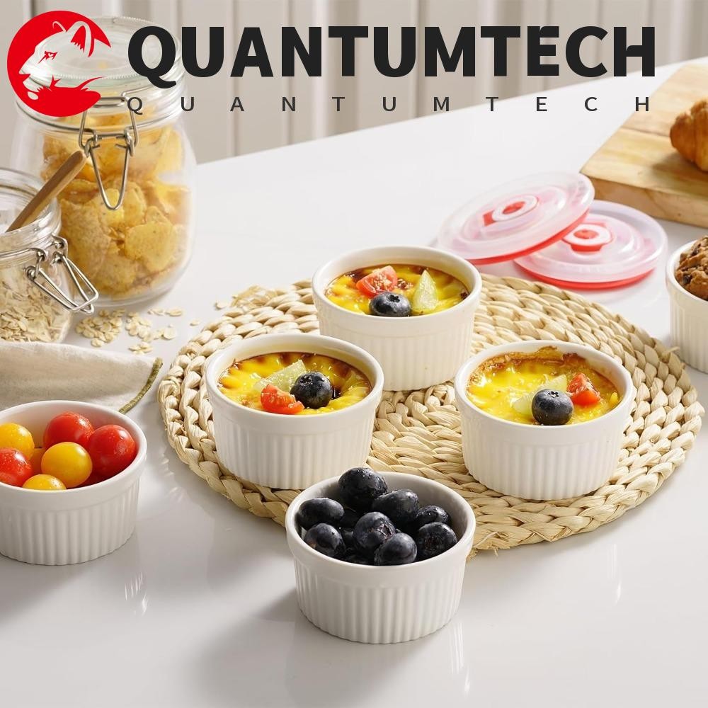 QUANTUMTECH 6 ชิ้น Ramekin, 8 ออนซ์ถ้วยชาพอร์ซเลน,ชามอบทนอุณหภูมิสูงสีขาวพร้อมฝาปิดถ้วยพุดดิ้ง ...