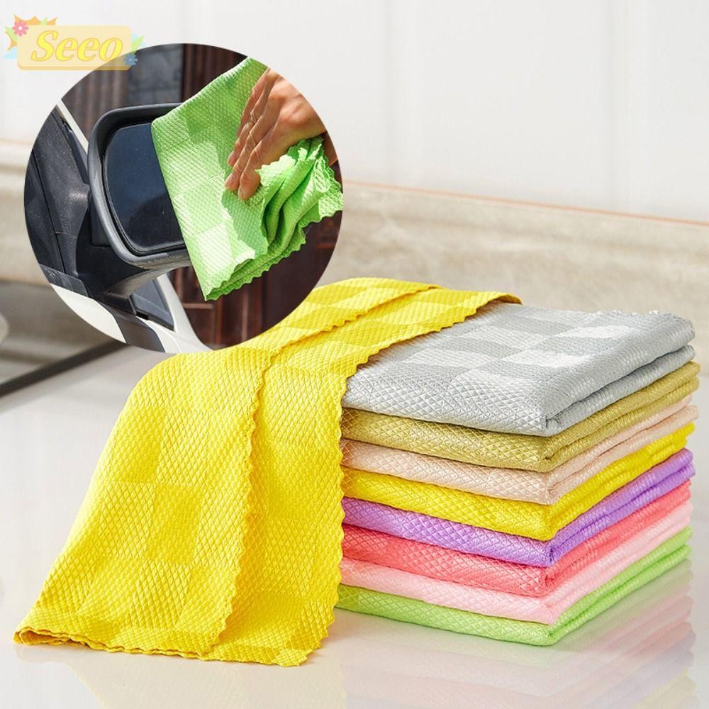 SEEO 1/3PCS ผ้าขนหนูไมโครไฟเบอร์,งานบ้านแก้วทําความสะอาดเกล็ดปลาเช็ดเศษ ...