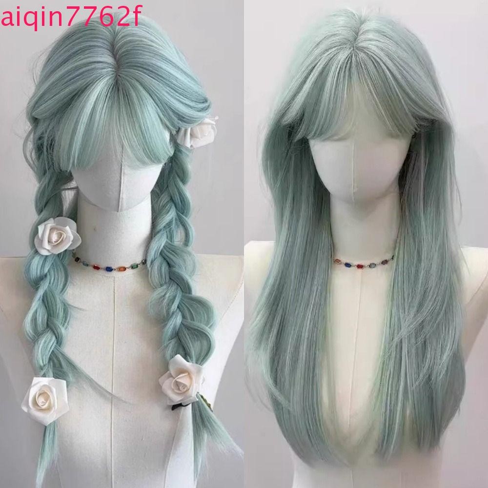 AIQINF ยาว Mint ผมสีเขียว, Harajuku วิกผมสังเคราะห์ธรรมชาติ Bangs, Fasion คอสเพลย์ทนความร้อนเต็ม ...
