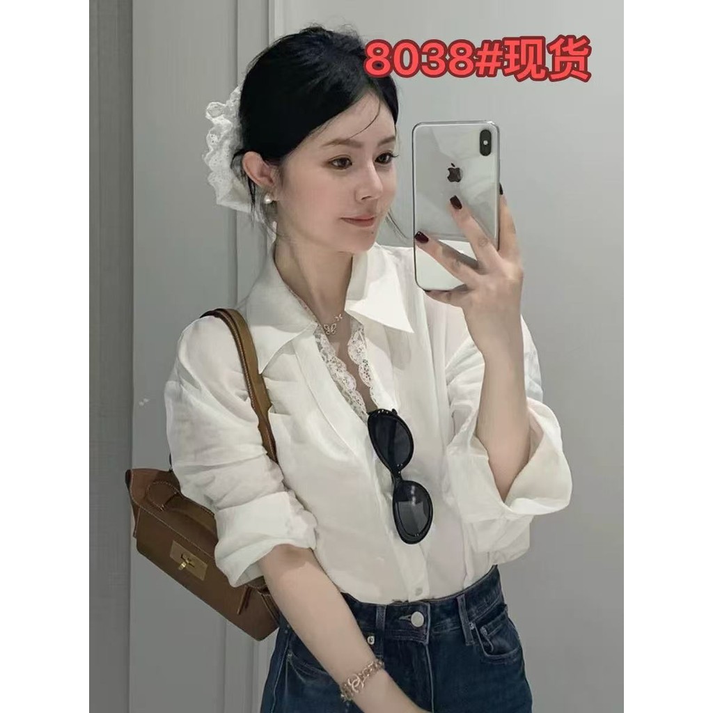 เสื้อเชิ้ตลูกไม้คอวีปลอม สีขาว สำหรับฤดูใบไม้ผลิ สไตล์ใหม่ปี 2025 ...