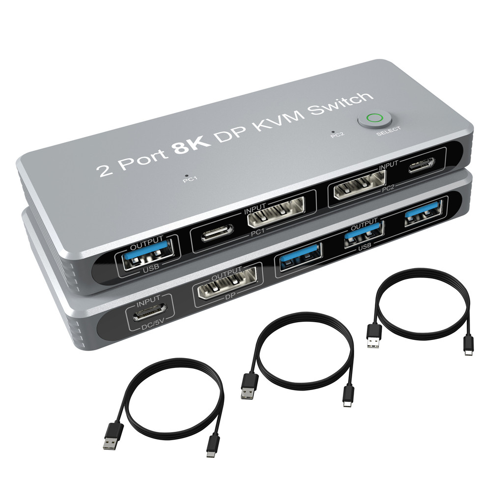 DP 1.4 KVM Switch 2 in 1 out, DisplayPort USB 3.0 Type-C KVM Switcher ...