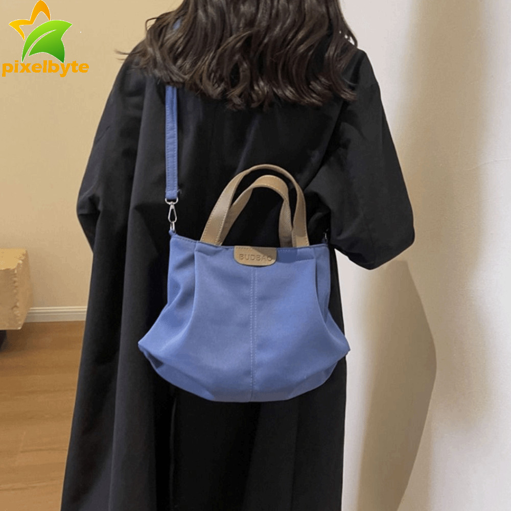 PIXELBYTE กระเป๋าโท้ท ผ้าแคนวาส สีทึบ ความจุขนาดใหญ่ สะดวกสำหรับช้อปpi้งและใช้งานประจำวันของ ...