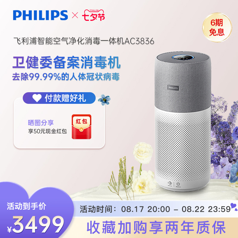 เครื่องฟอกอากาศ Philips Disinfector ในครัวเรือนลบฟอร์มาลดีไฮด์กลิ่นควันมือสองควันห้องนอน AC3836 ...