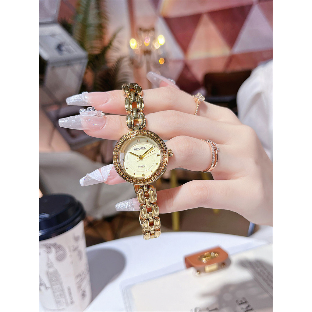 สร้อยข้อมือเพชรนาฬิกาหญิงทองสไตล์ใหม่ตัวชี้วงเหล็กหน้าปัดกลม | Shopee ...