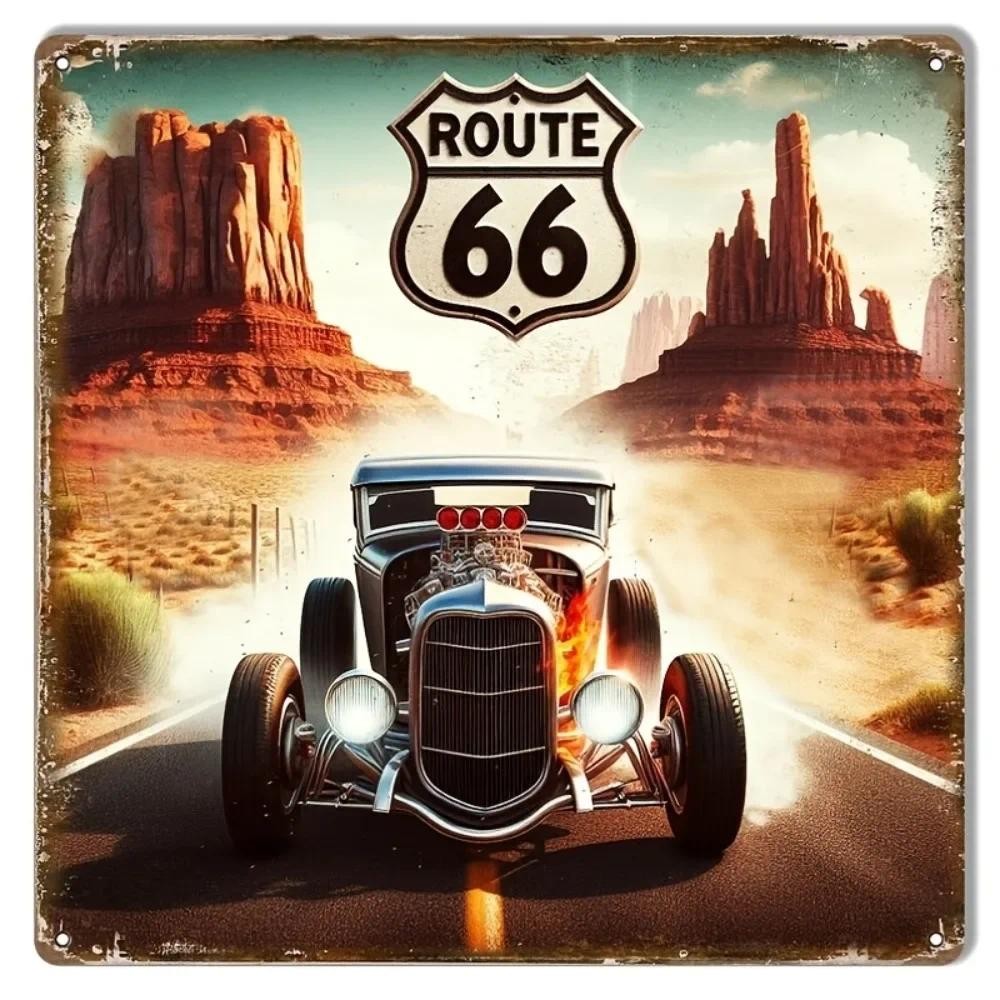 2D Vintage Route 66 ป้ายโลหะ, Retro Desert Hot Rod Car Art, Easy Hang ...