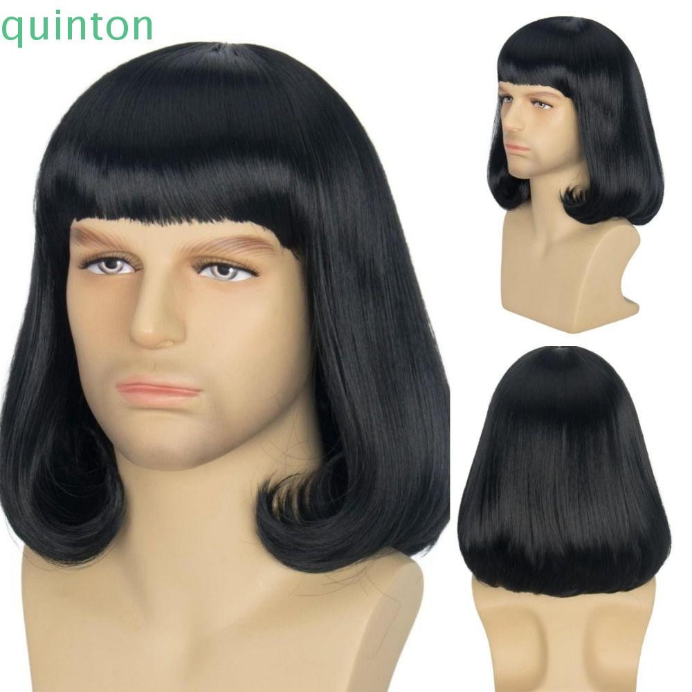 QUITON วิกผมสำหรับคอสเพลย์ผู้ชาย, Full Bangs ทรงบ็อบไหล่ยาว สีดำ สไตล์ฮิปปี้ เหมาะสำหรับHALOWEEN ...
