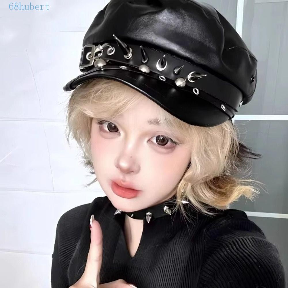 หมวก Gothic Spike & Dark Retro Beret สไตล์ Punk Harajuku Lolita สีดำ PU ...