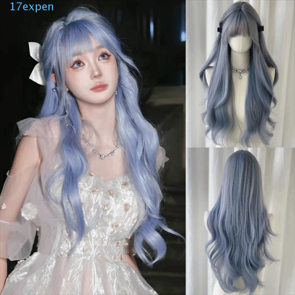 EXPEN Blue คอสเพลย์วิกผม Bangs, สังเคราะห์ Harajuku ยาว Curly Wave ผม ...
