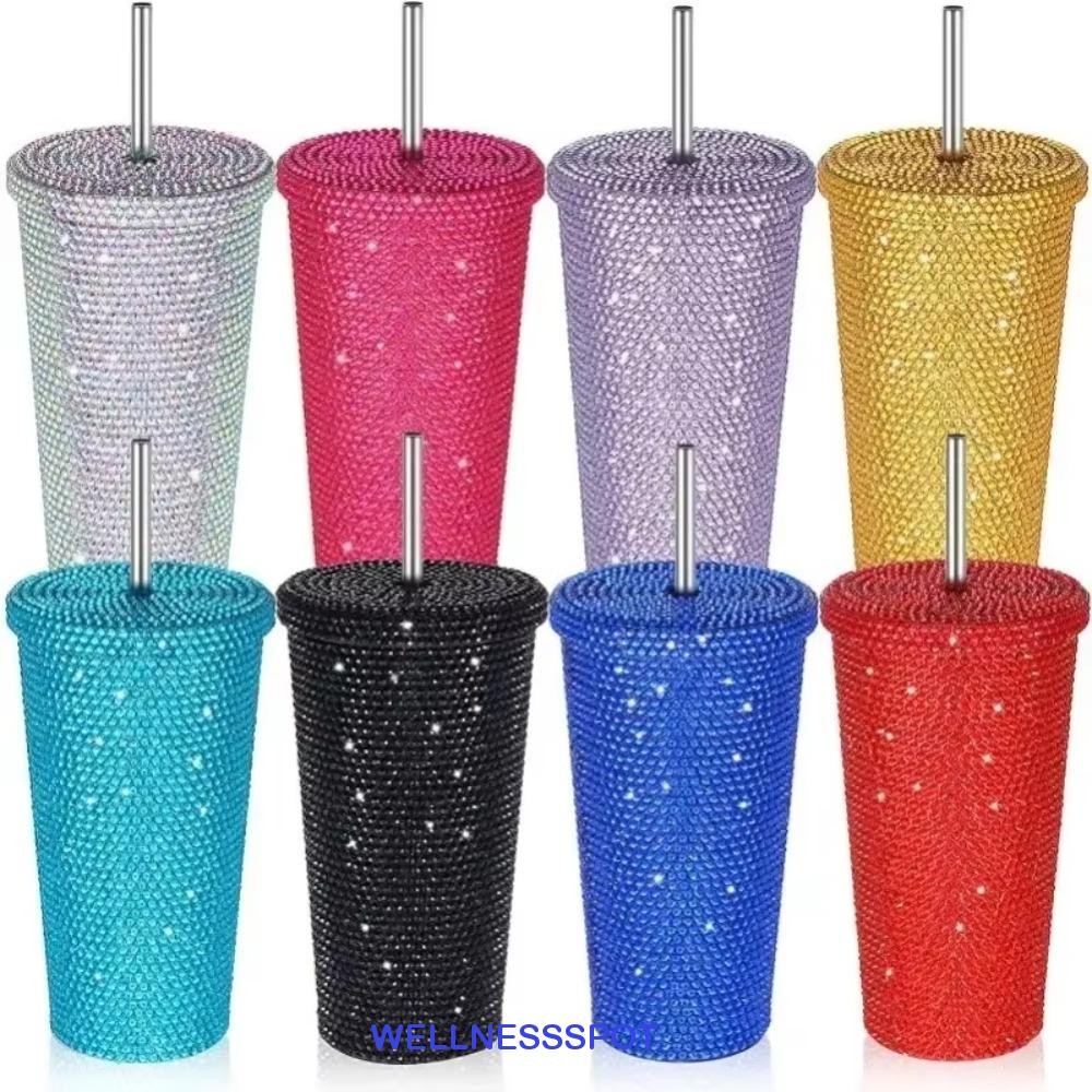 WELLNESSSPOT Rhinestone Thermos ขวด, 500 ml/750 ml Double Layer Glitter ถ้วยกาแฟ, Drinkware นํา ...