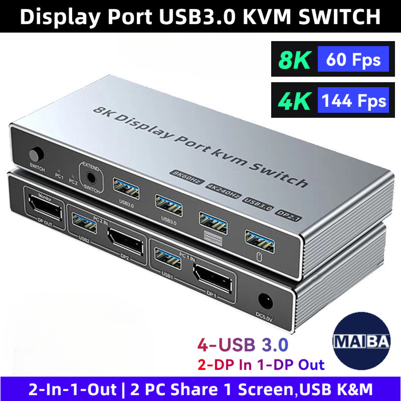 8K Displayport KVM Switcher 2 Input 1 output Displayport USB KVM 2x1 8K ...