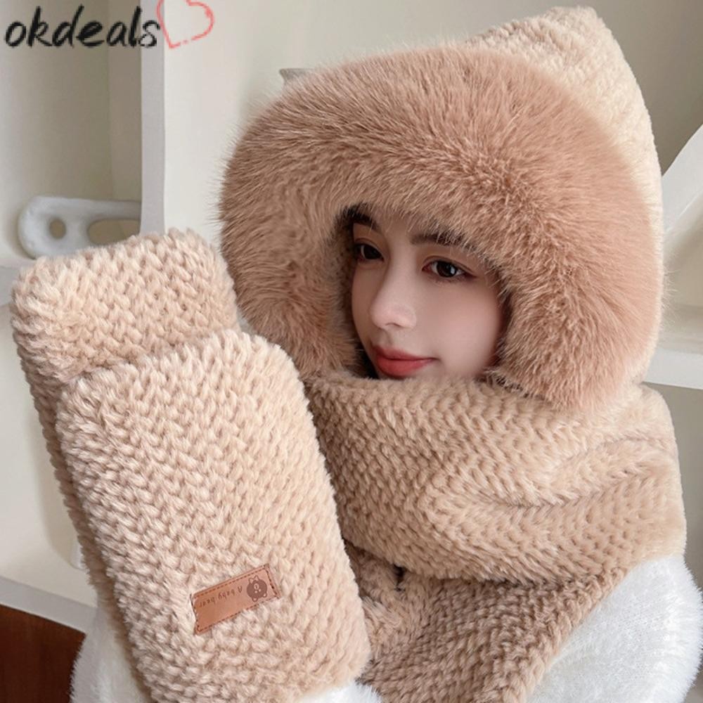 ชุดหมวกผ้าพันคอและถุงมือ ไหมพรมสำหรับผู้หญิง แบบหูหมีอบอุ่น เหมาะกับ ...