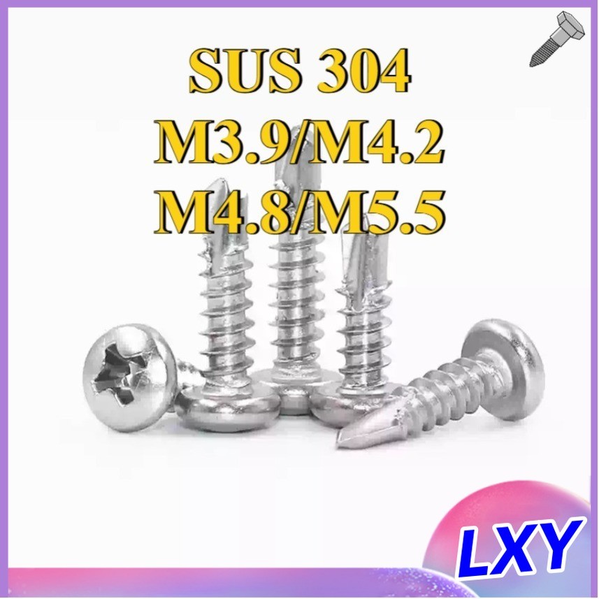 304 สแตนเลสหัวกลมข้ามเจาะหางสกรูหัวกระทะแตะตัวเองเจาะสีกระเบื้องเหล็กประกบสกรู M3.9/M4.2/M4.8/M5 ...