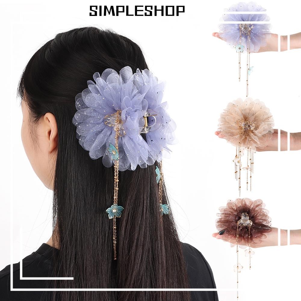 SIMPLESHOP คลิปขึ้นผมทรงคลิปฉลามและพู่เลื่อม พร้อมลายดอกไม้พลาสติก สไตล์สาวๆ | Shopee Thailand