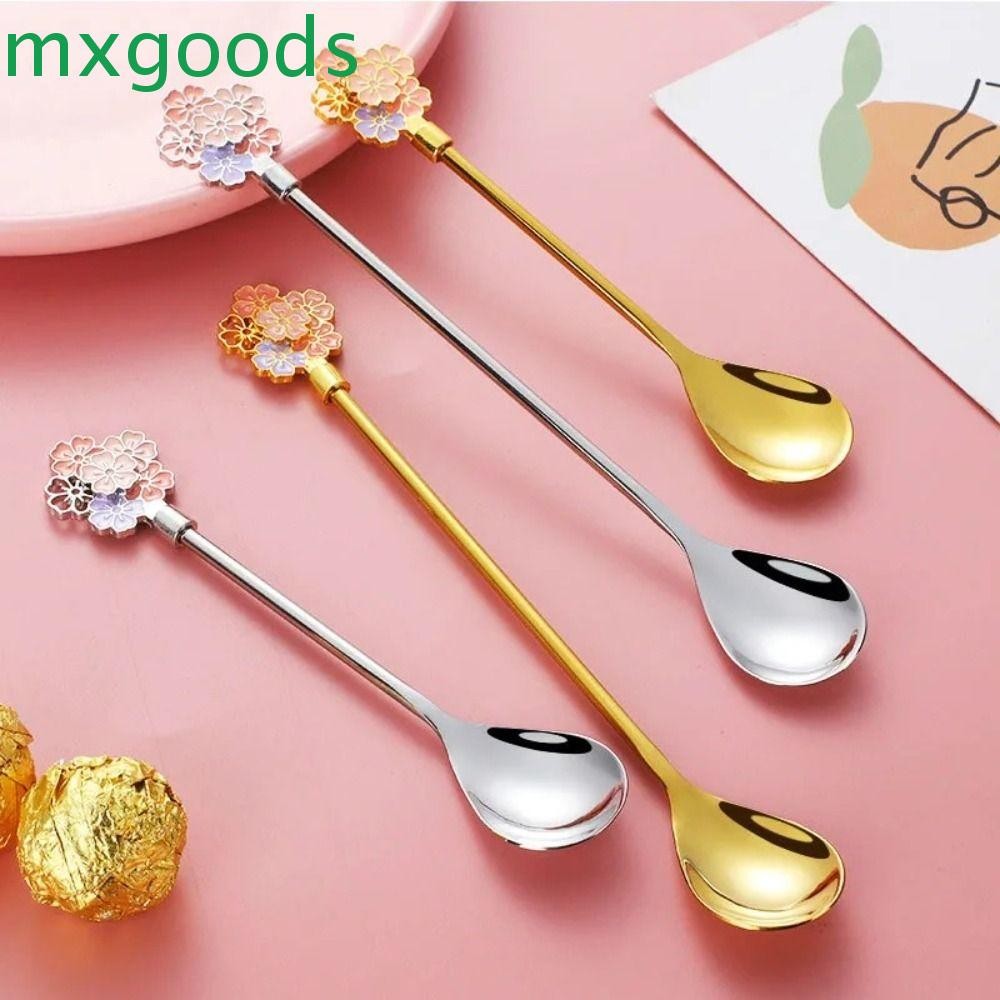 MXGOODS ช้อนขนมกาแฟ, ดอกซากุระ304ช้อนสแตนเลสเอสเพรสโซ่, ช้อนผสมค็อกเทลด้ามยาวทองสร้างสรรค์ช้อนชา ...