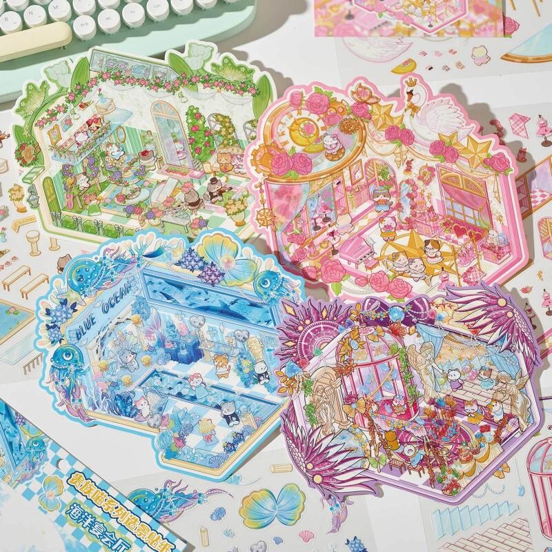 WEI 4 ชิ้น [Noble Meow Series] สติ๊กเกอร์แนวนอน 3D วัสดุกันน้ําขนาดใหญ่ Ballet Hall Ocean ...