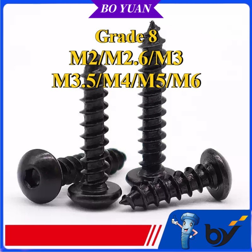 สีดําเกรด 8 หัวกลมสกรูหกเหลี่ยมหัวกระทะสกรูแตะตัวเองหัวกลมครึ่ง M2/M2.6/M3/M3.5/M4/M5/M6 * L6-50 ...