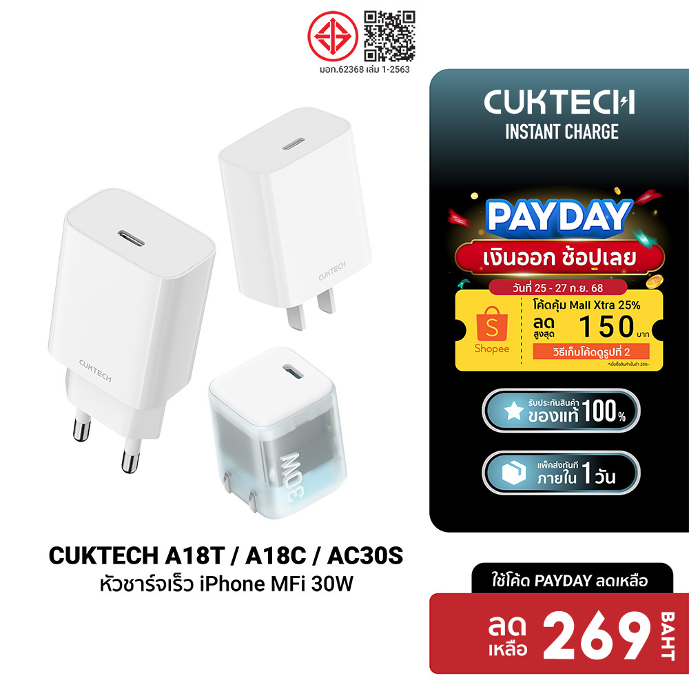 [269บ.โค้ด25DD150] CUKTECH AC30S / A18T / A18C GaN 30W หัวชาร์จเร็ว PD สำหรับ iPhone , Android ...