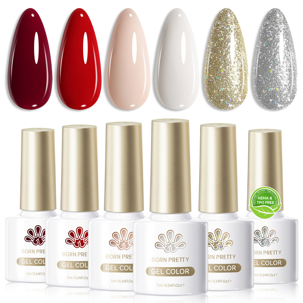 BORN PRETTY 7ml Gel Polish Set Winter Gala Glitter Red Nail Gel Kit ...