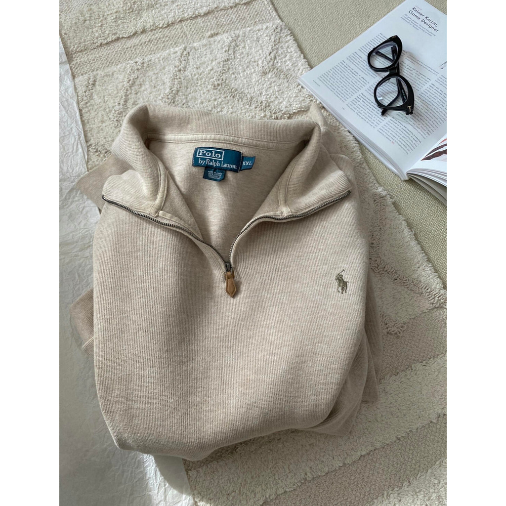 RL Ralph.Luren Pony Label Half-Open Zipper Ladies Sweatshirt หลวมสไตล์ ...