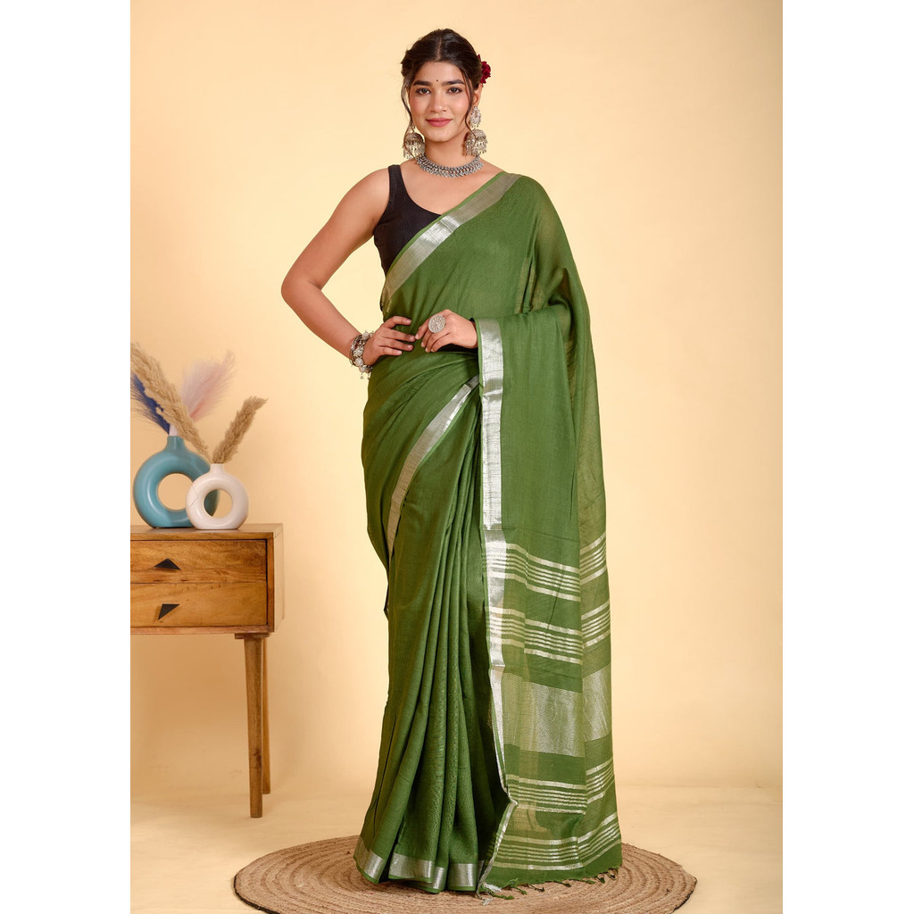 Mehandi Green Linen Saree พร้อมขอบเงิน & พู่เขียวขาว | Shopee Thailand