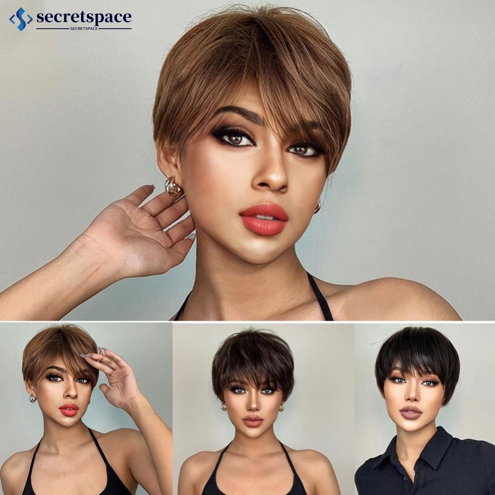 วิกผมสังเคราะห์สั้น Pixie Cut Dark Brown ทรง.Layered สำหรับผู้หญิงทุกวัน ทนความร้อน L4O8 ...