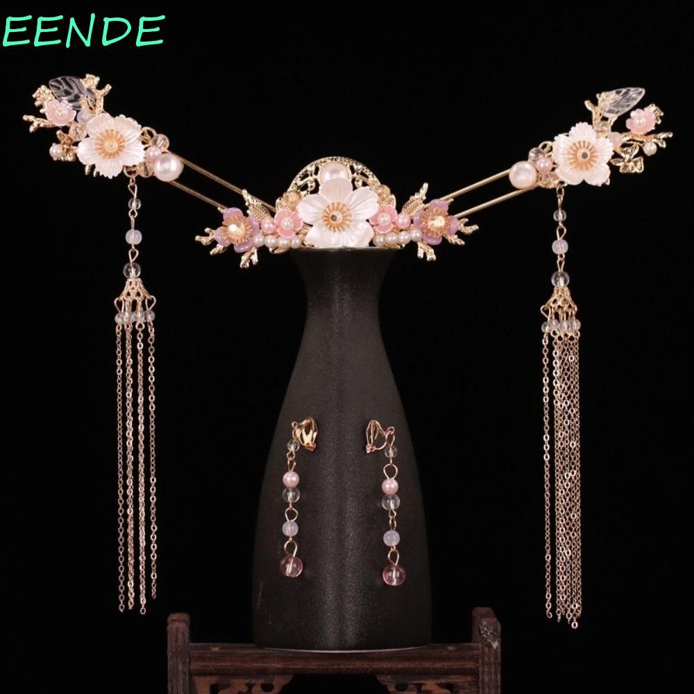 EENDE เครื่องประดับผมเจ้าสาว สไตล์จีน ต่างหูและหนีบผม พลาสติก ดอกไม้ตก ...