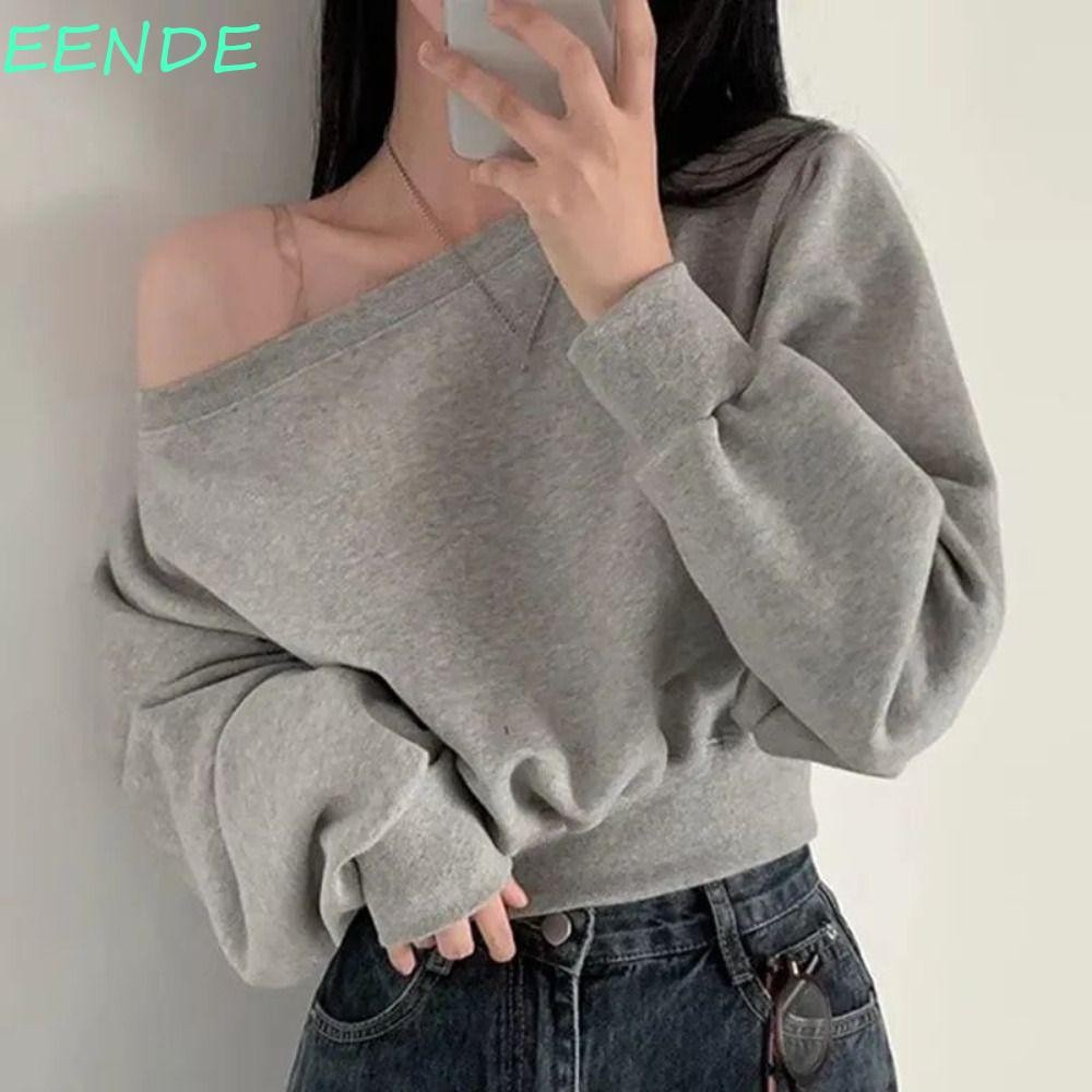 EENDE เสื้อยืดแขนยาว ไหล่แบบโอฟ์ สไตล์หวานหลวม สำหรับฤดูหนาว พร้อมแจ็กเ ...
