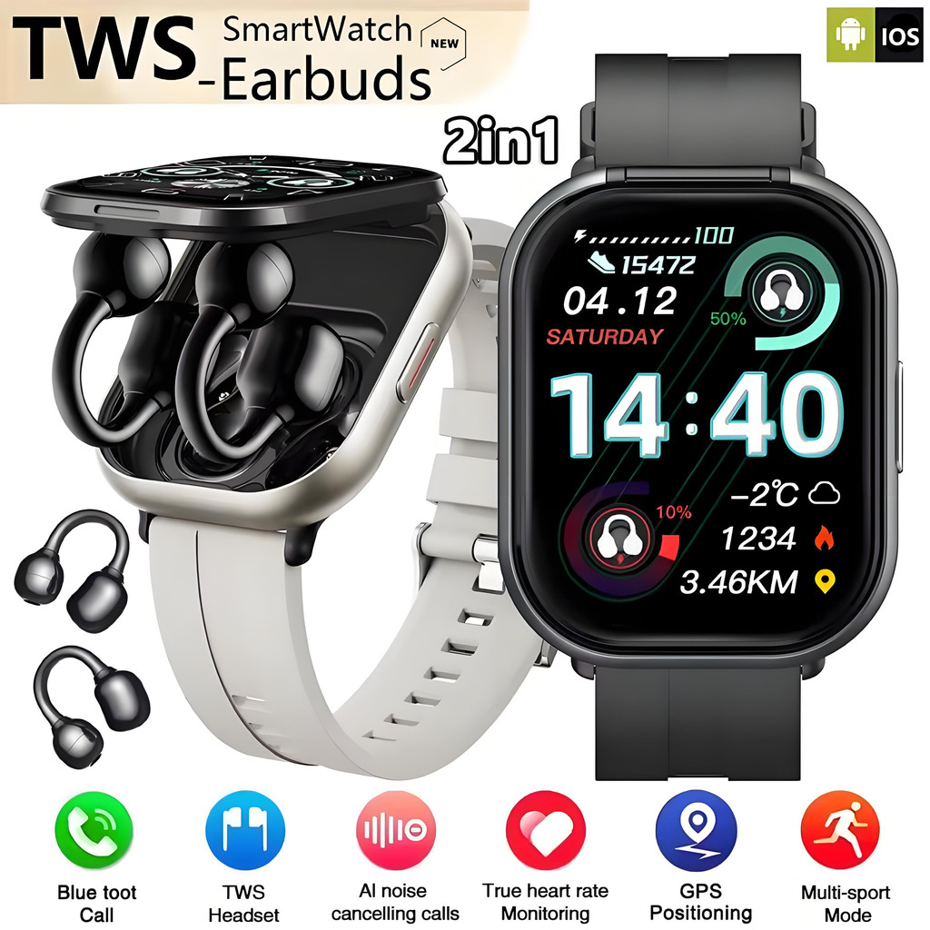 ใหม่ TWS 2 in 1 สมาร์ทวอท์ชพร้อมหูฟังกีฬานาฬิกาชุดหูฟังบลูทูธ Call ...