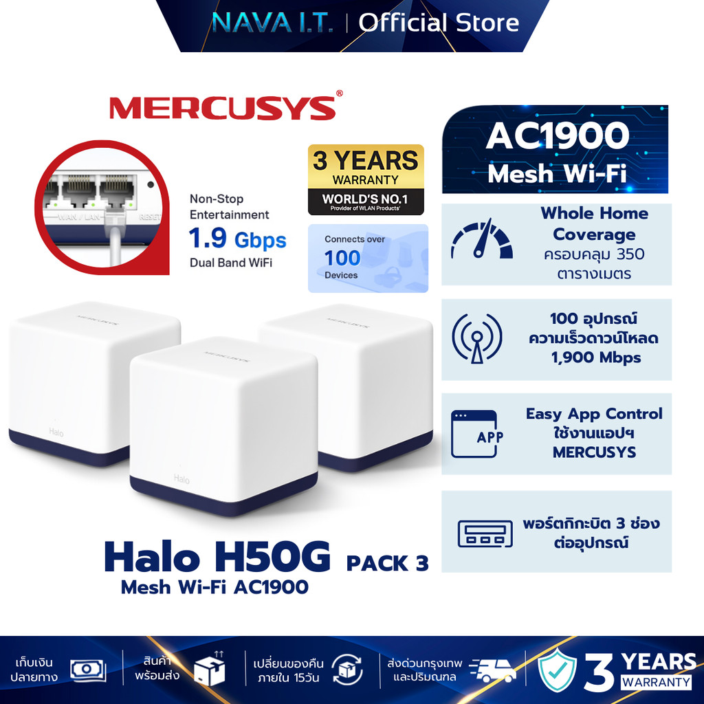 MERCUSYS HALO H50G PACK-3 AC1900 WHOLE HOME MESH WI-FI SYSTEM รับประกัน ...