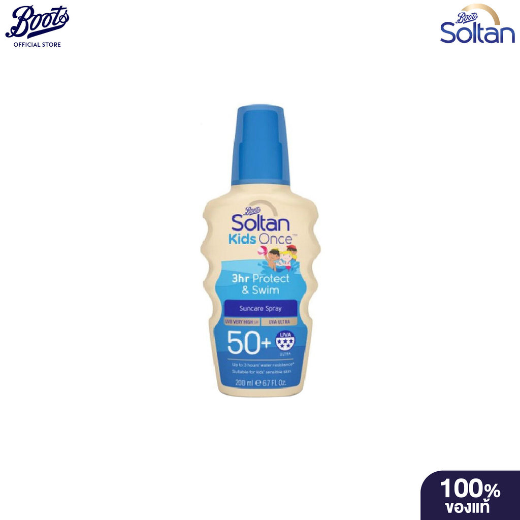Boots Soltan Kids Once 3Hr Protect & Swim Suncare Spray UVB Very High ...