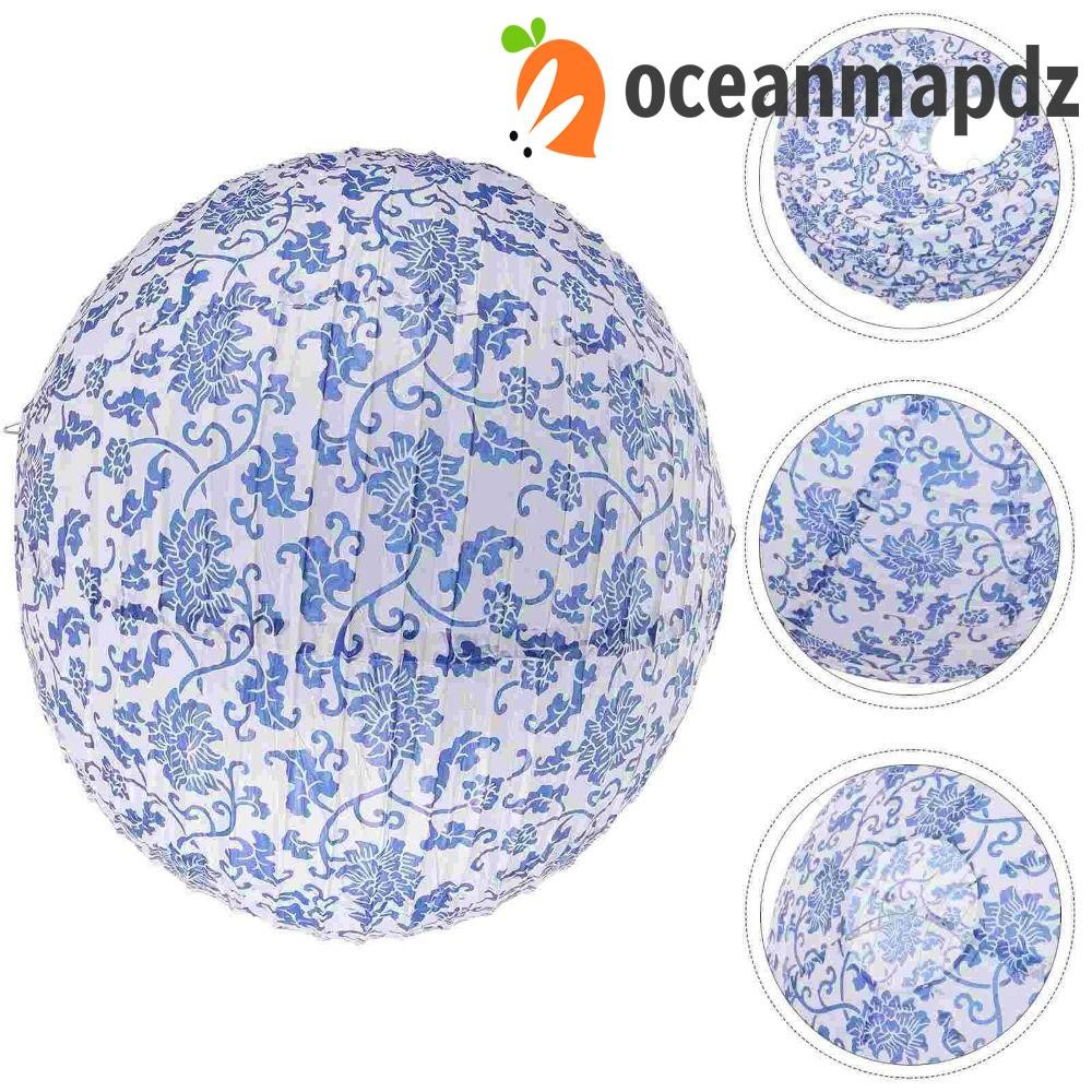 OCEANMAPDZ ลูกบอลกระดาษแขวน, พิมพ์โคมไฟกระดาษสไตล์จีน, ของขวัญตกแต่งรอบ DIY สีฟ้าสีขาวอุปกรณ์ ...