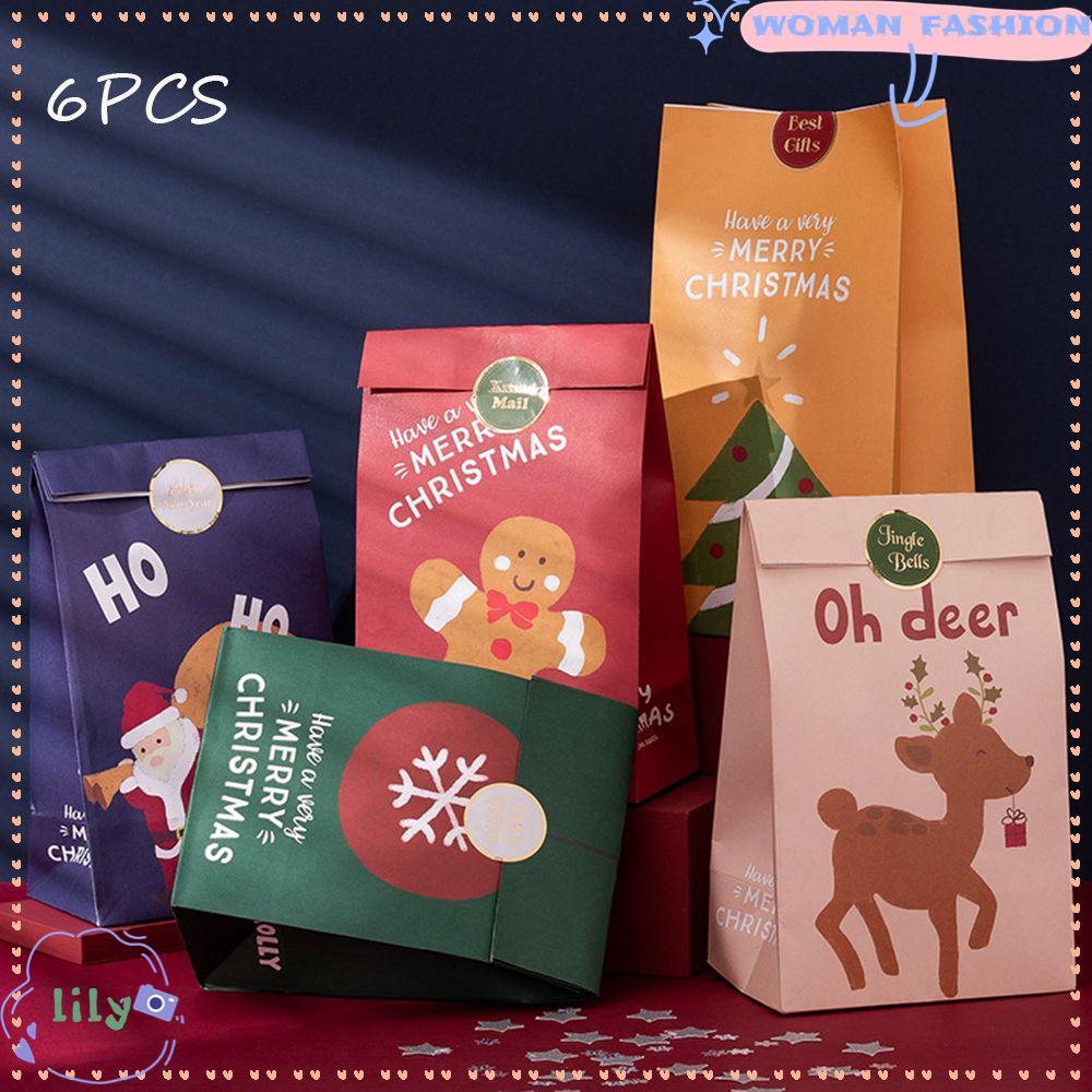 LILY 6PCs ถุงกระดาษคริสต์มาส Santa Claus เกล็ดหิมะปีกล่อง StoBag Candy ...