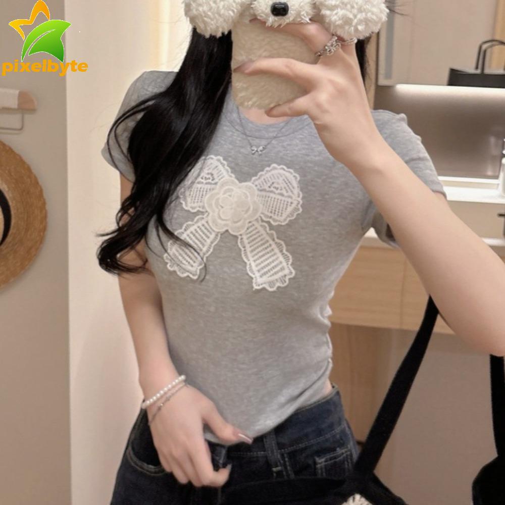 เสื้อยีนส์สั้นไหล่.Pixelbyte Y2K, มาพร้อมแผ่นรองหน้าอกและโบว์แบบเกาหลี, สไตล์หวานสำหรับวัยรุ่น ...