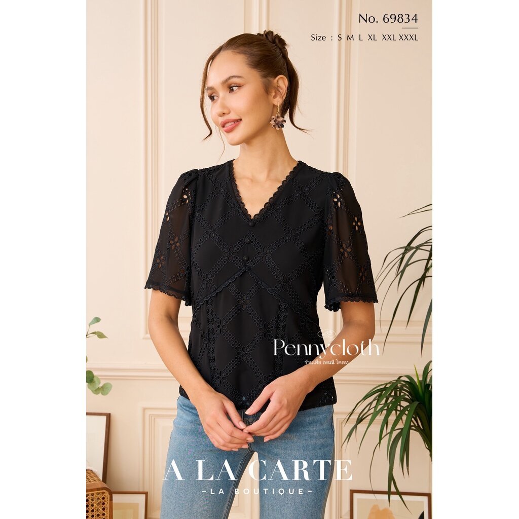 A La Carte รหัส 69834 เสื้อลูกไม้ชีฟอง งานปัก คอวี แขนสั้นแฟร์ สีดำ สี ...