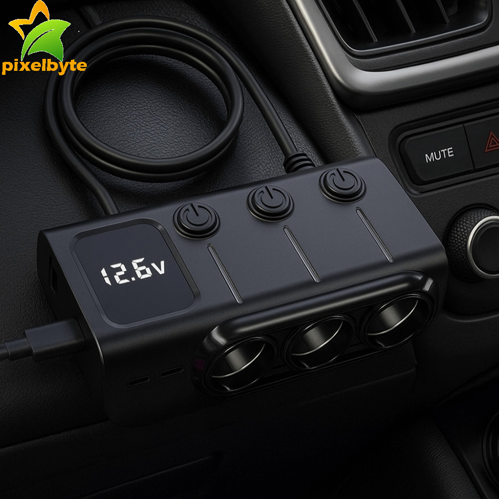 PIXELBYTE Car Charger Adapter, 12 V/24 V Fast Charger Car Inverter, ทนทาน Dual USB 3 Way Socket ...