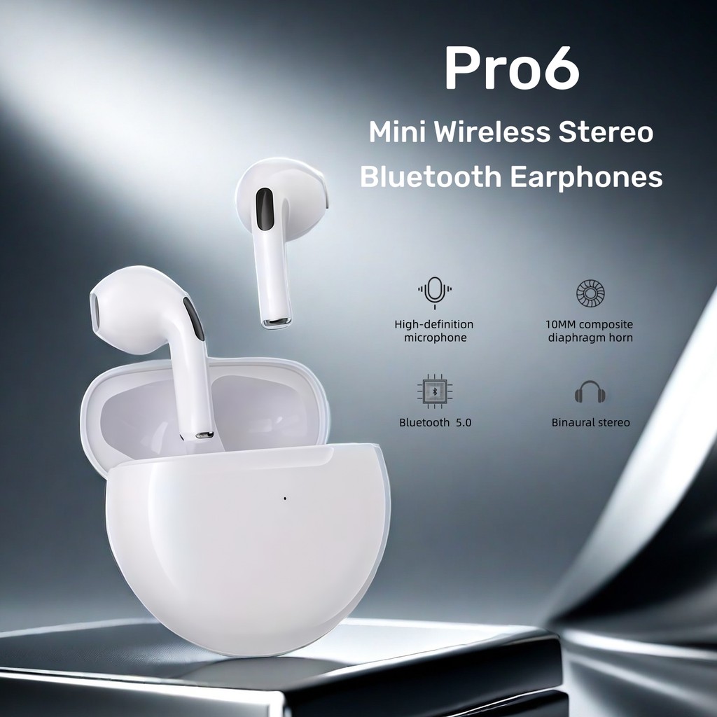 หูฟังบลูทูธ Pro6 ไร้สายที่แท้จริง ไมโครโฟน การโทรด้วยเสียง การควบคุมแบบ ...
