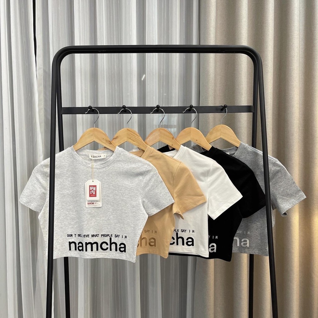 NAMCHA เสื้อครอป แขนสั้น ผ้ายืดได้ คอกลม งานปักโลโก้ NAMCHA #NA-2601 | Shopee Thailand