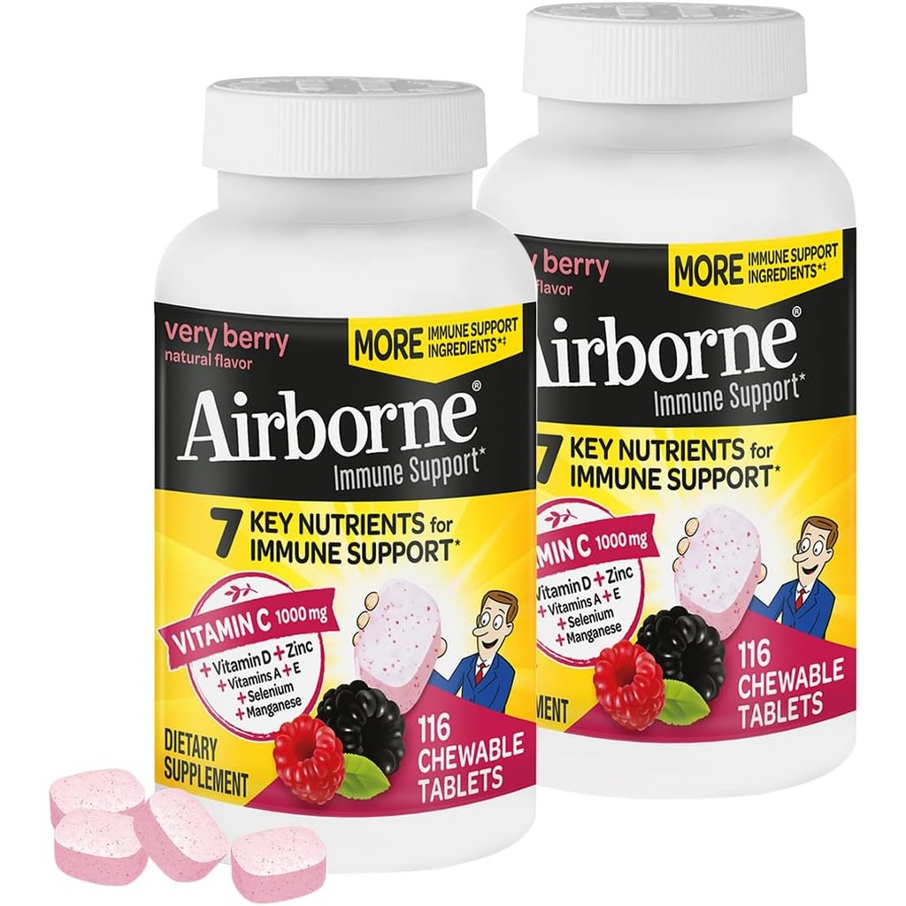 Airborne 1000mg Vitamin C + Zinc Immune Support Supplement Chewable ...