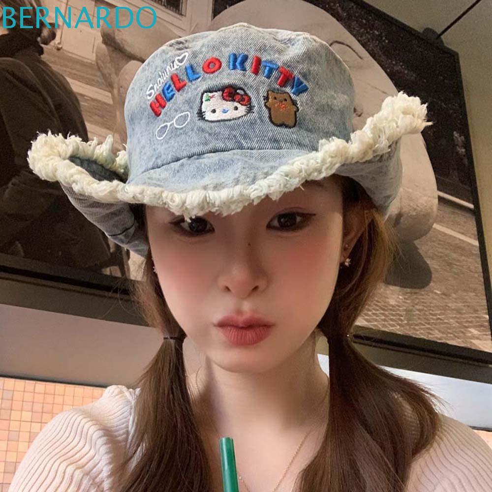 หมวกทรงชาวประมง BERNARDO Kitty Denim สไตล์เรโตร สีฟ้าอมเทียน ปีกกกว้าง ...
