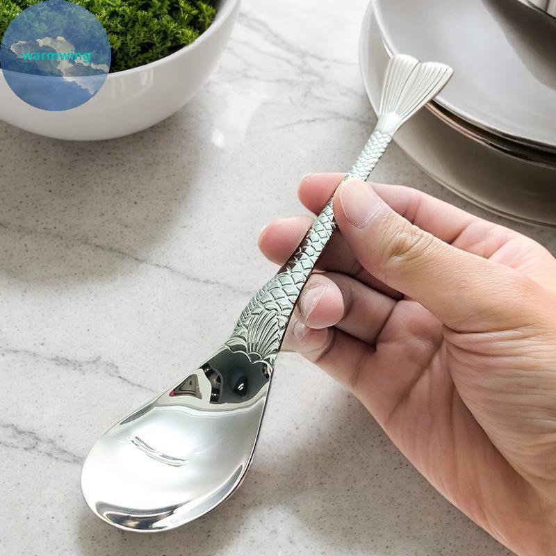 Warmwing 2 ชิ้นสแตนเลส Creative Fish Tail ช้อนรับประทานอาหารส้อมกินช้อน Face เด็กส้อมขนมหวานส้อม ...